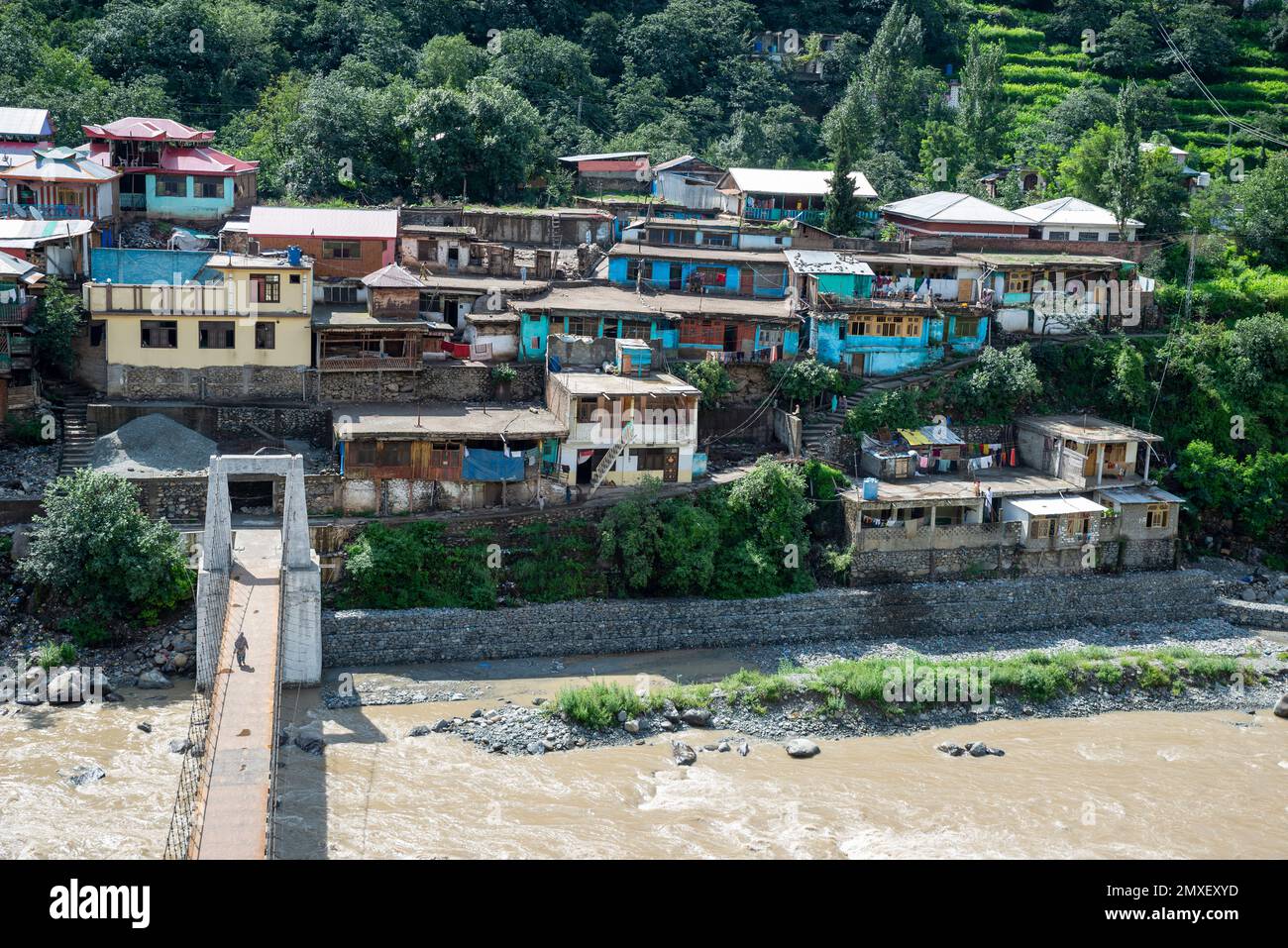 View of Mankar village and its suspension bridge, Swat Valley, Pakistan ...