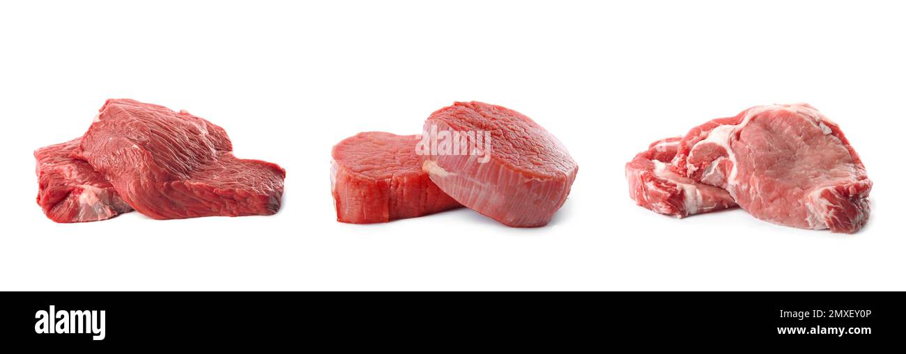 Set with raw meat on white background. Banner design Stock Photo - Alamy