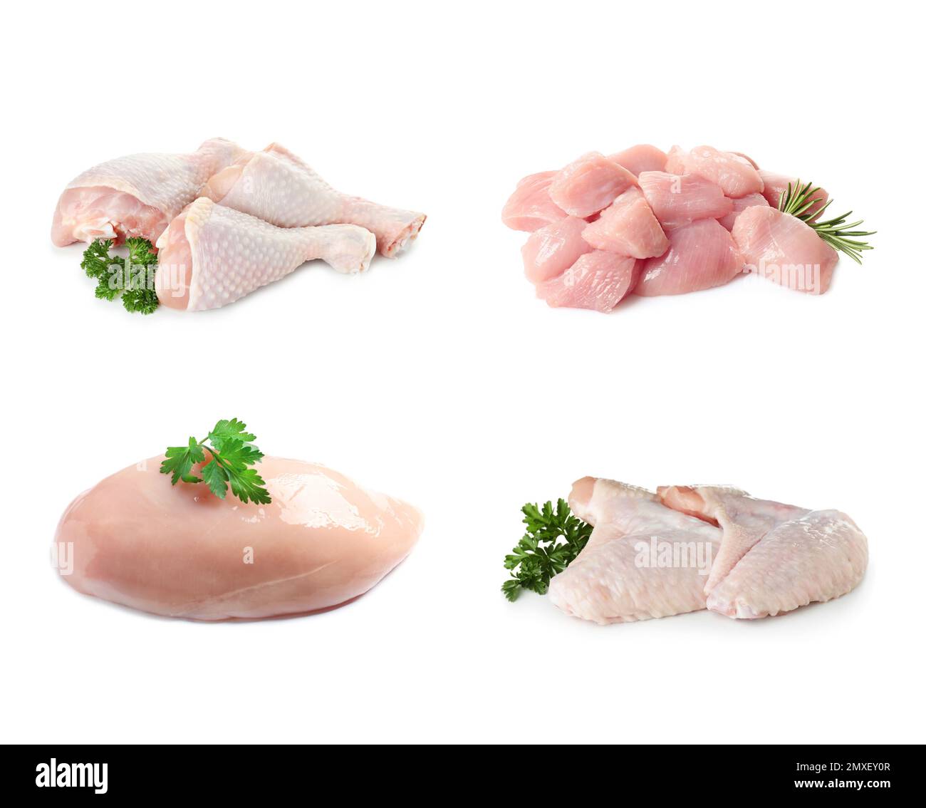 Set with raw chicken meat on white background Stock Photo - Alamy