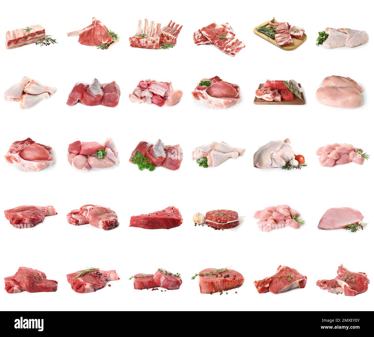 Set with different raw meat on white background Stock Photo - Alamy