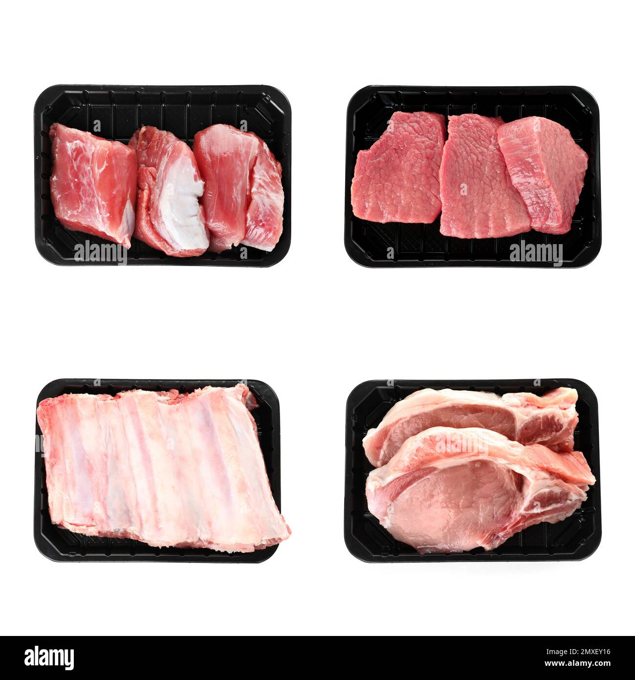Set of plastic containers with raw meat on white background, top view ...