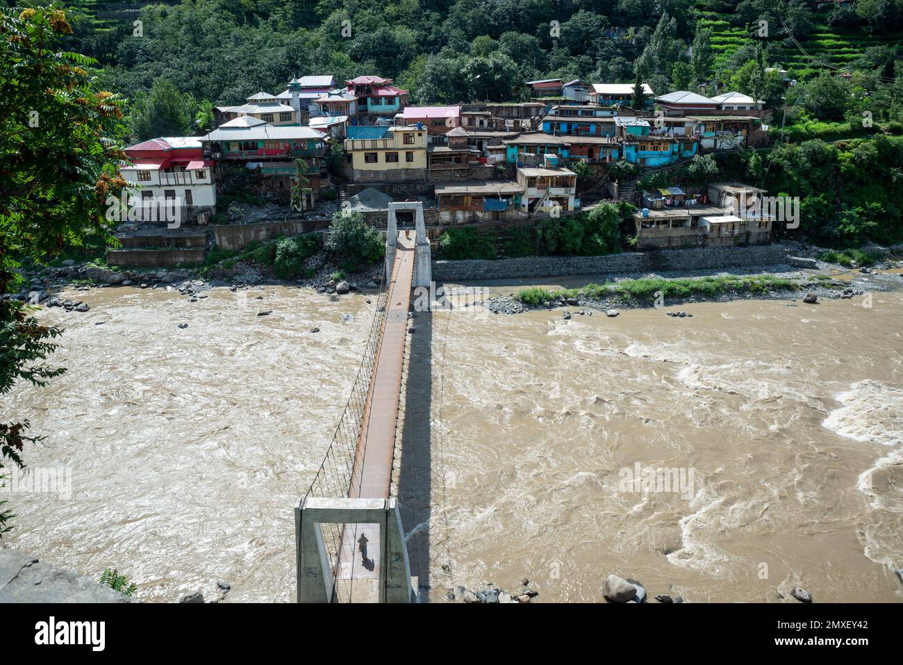 View of Mankar village and its suspension bridge, Swat Valley, Pakistan ...