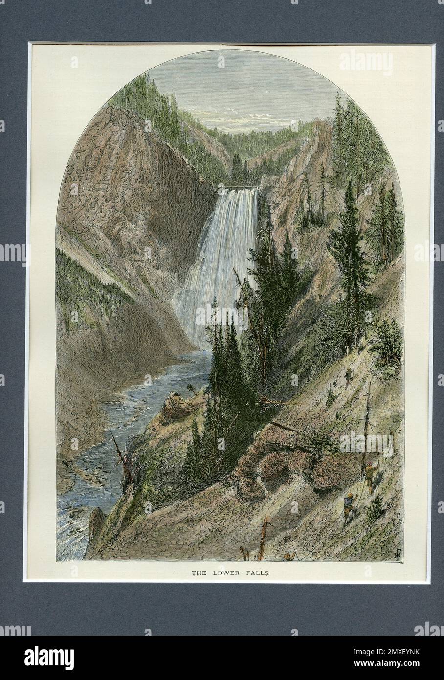 Antique engraving of Yellowstone 1872, The Lower Falls. A group of ...