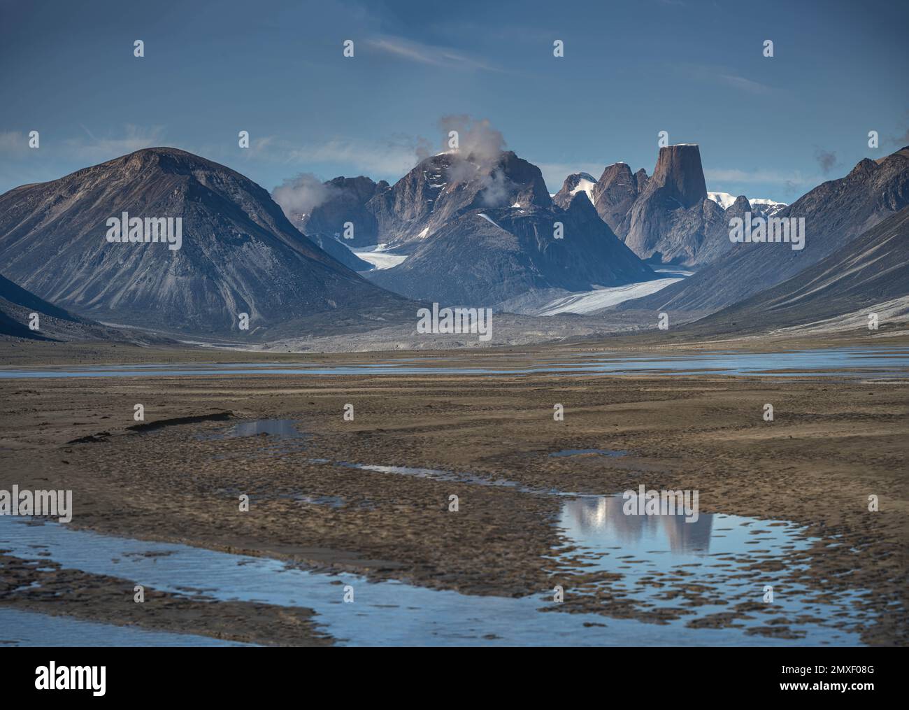 Beautiful landscape of Water front view of mountains on Akshayuk Pass ...