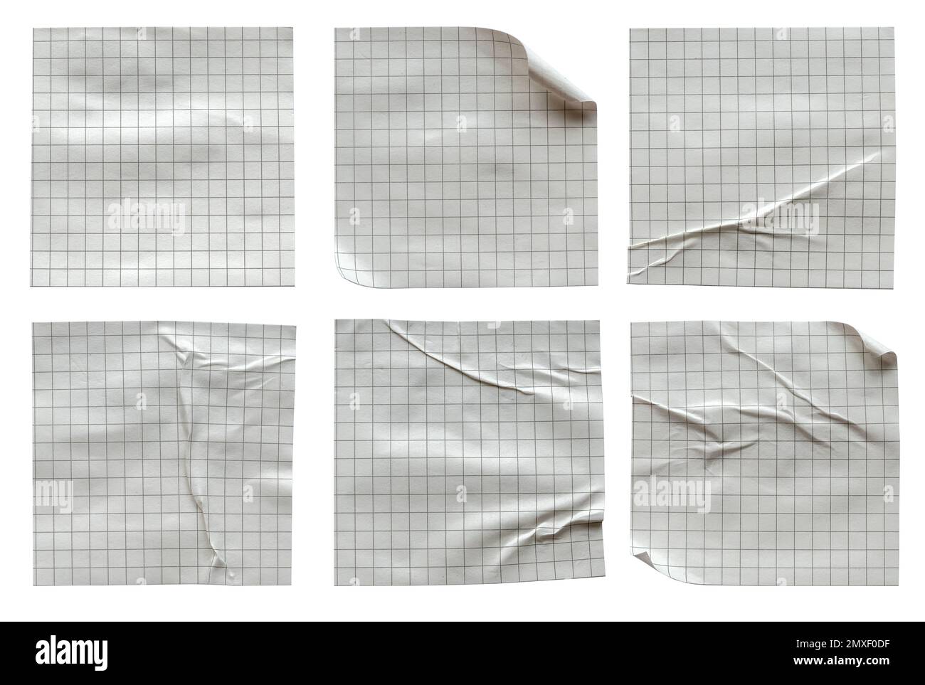 A set of Gray square grid pattern small glued crumpled and creased note ... A set of Gray square grid pattern small glued crumpled and creased note ...