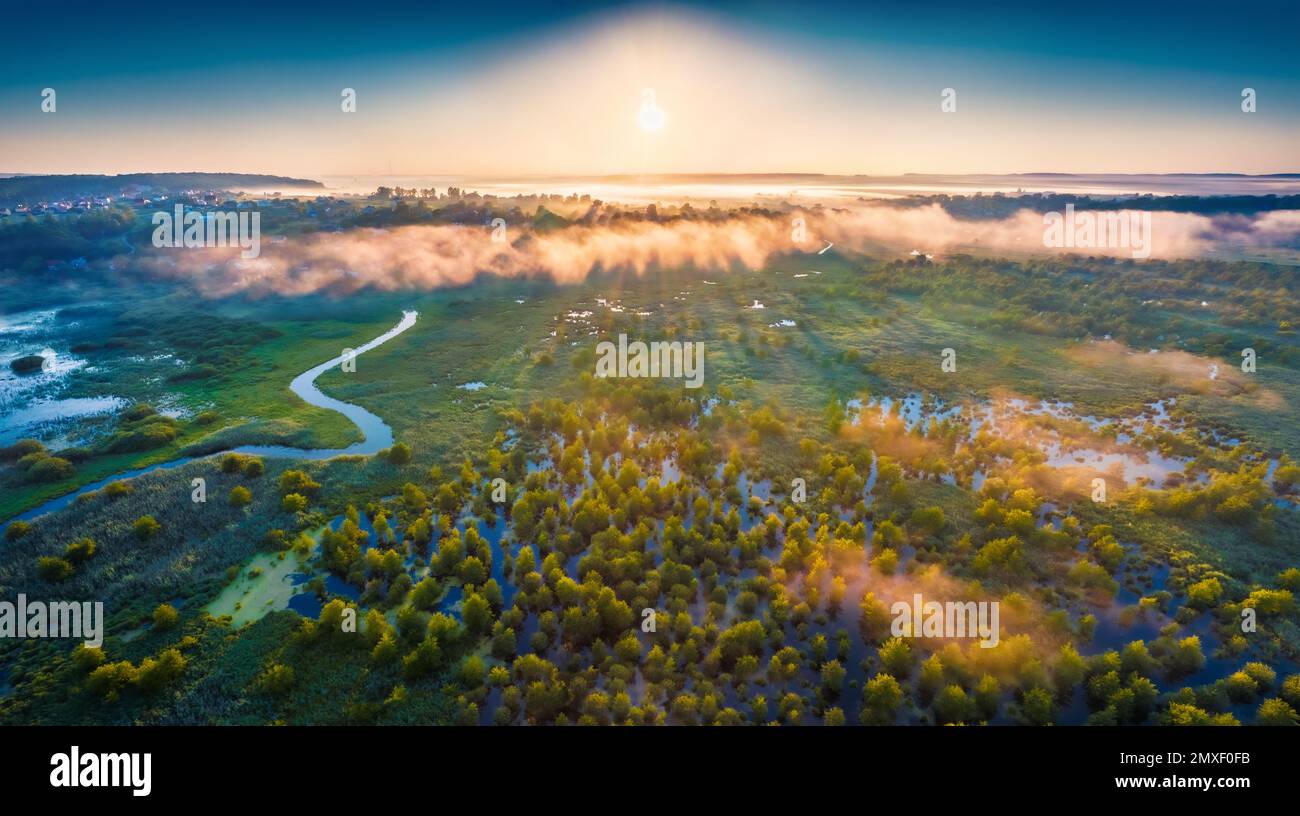 Aerial landscape photography. Splendid summer view from flying drone of ...