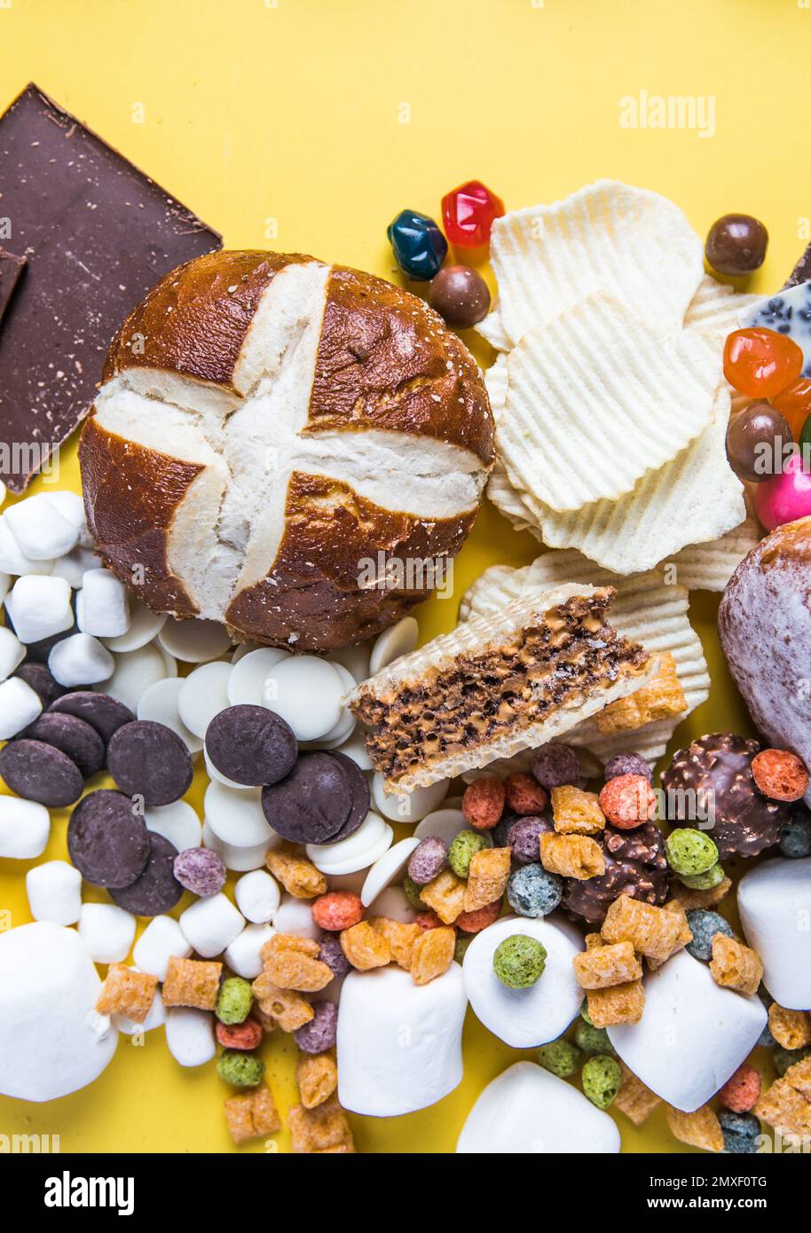 Assortment of take out and fast foods. Overhead view close up ...