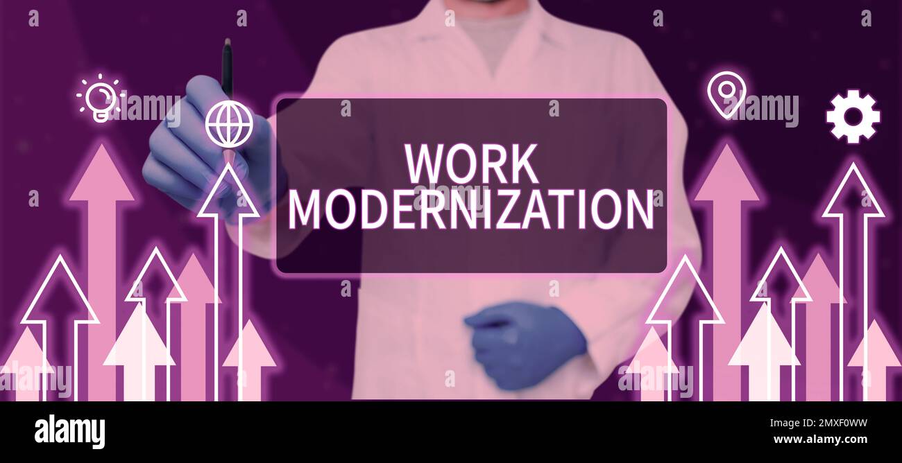 Conceptual display Work Modernization. Concept meaning changing product service and process to ...