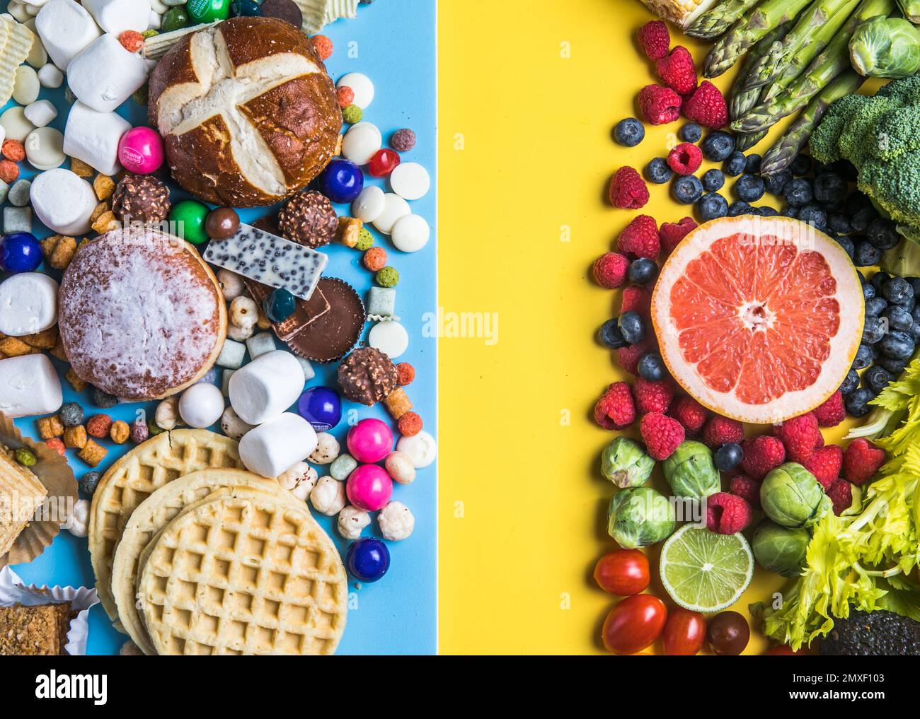 Healthy and unhealthy food concept. Fruit and vegetables vs sweet top ...