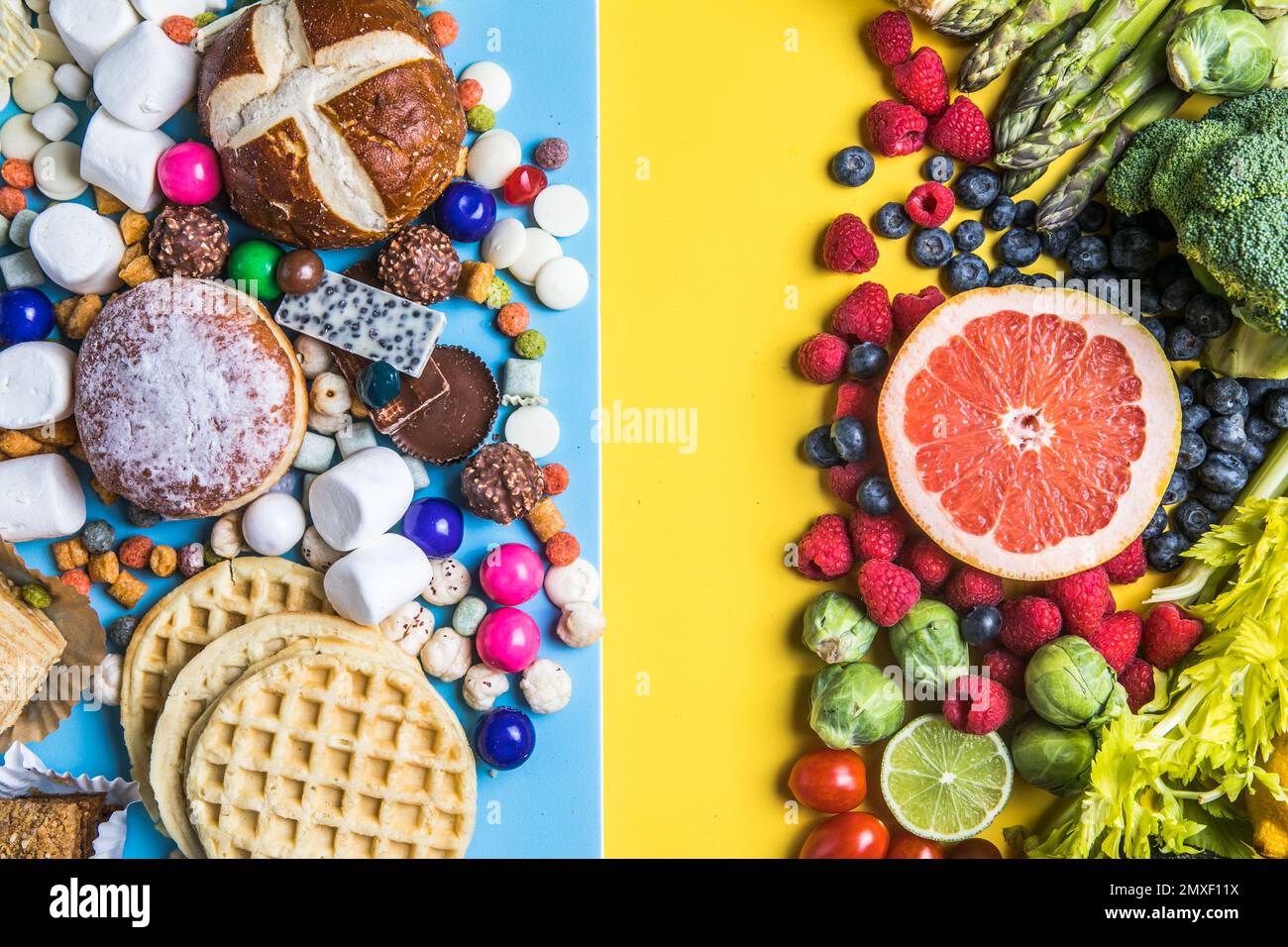 Healthy and unhealthy food background from fruits and vegetables vs ...