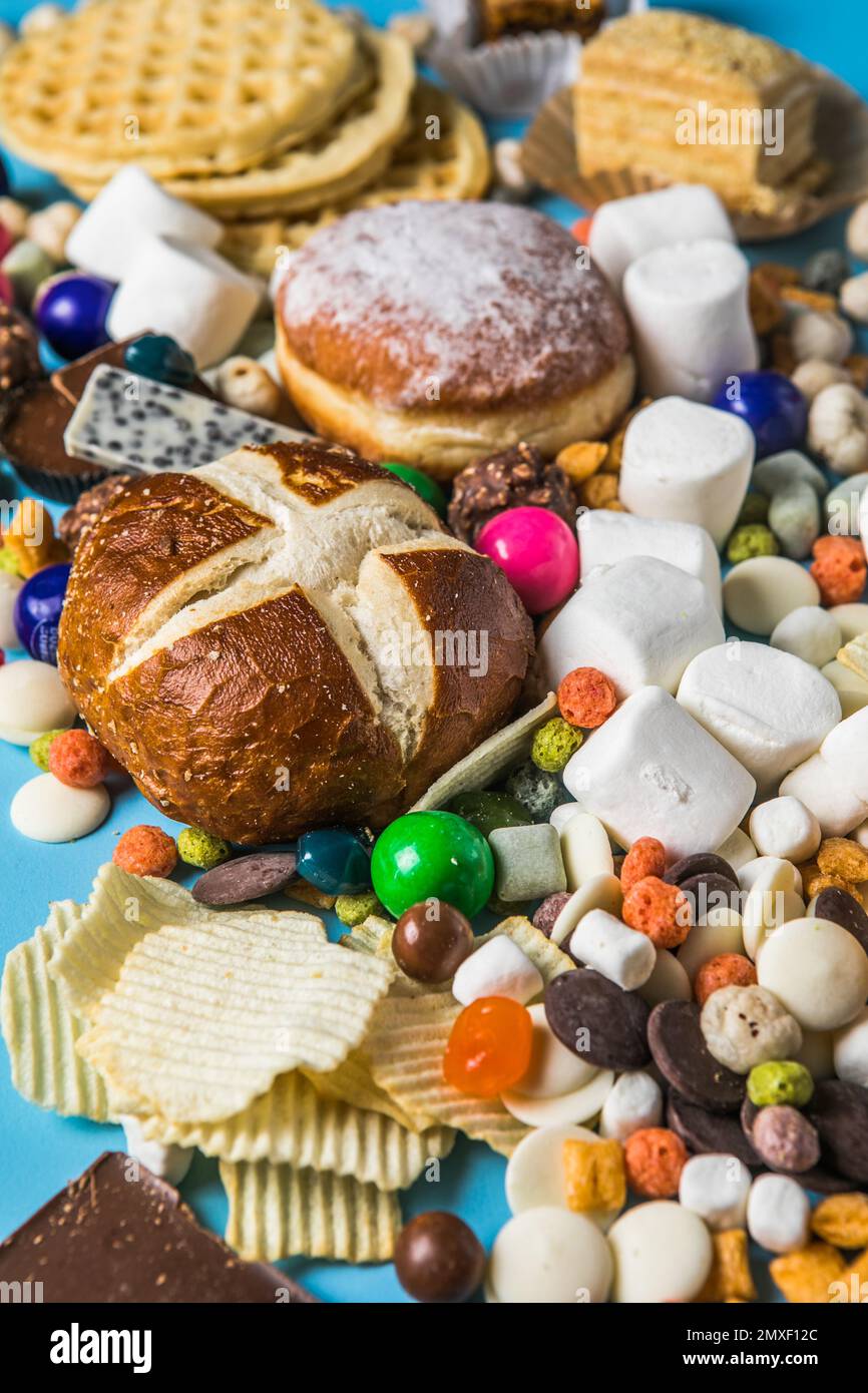 Assortment of take out and fast foods. Overhead view close up ...