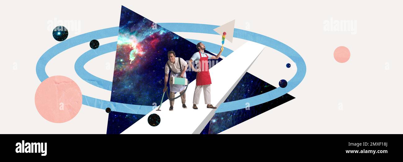 Contemporary art collage. Two men cleaning, doing domestic chores over ...