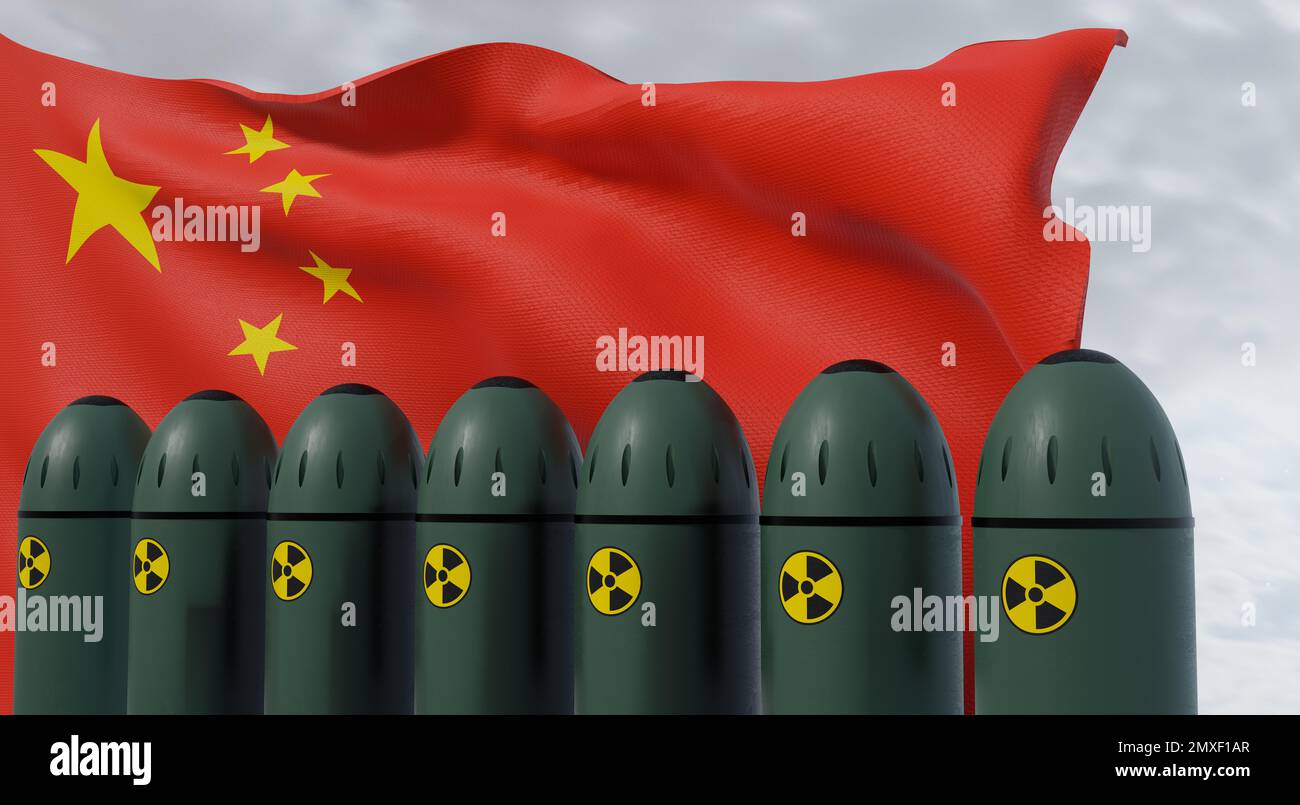Nuclear missiles and China flag in background. Missiles with warheads ...