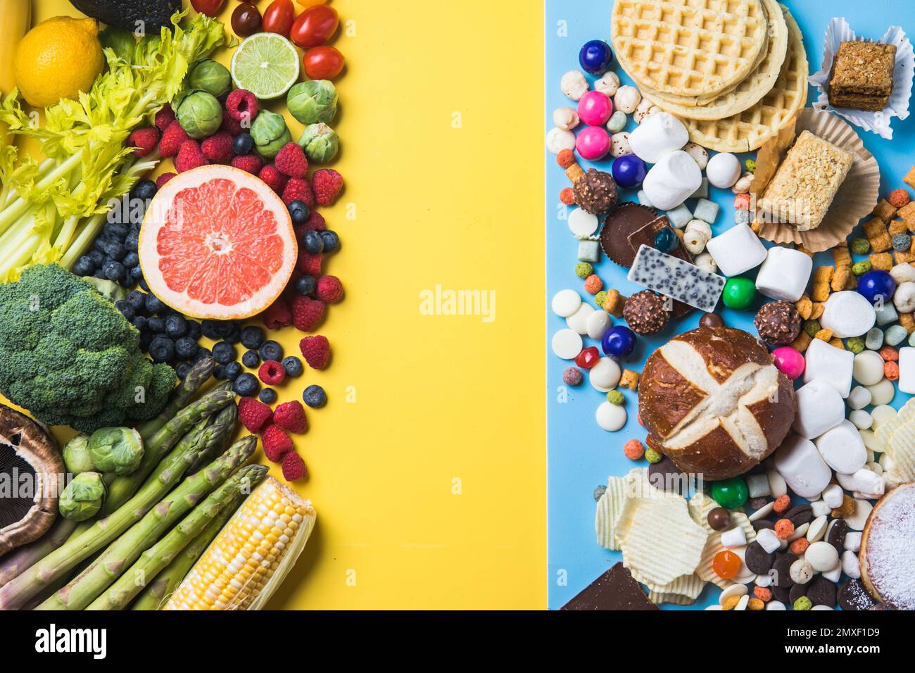 Healthy and unhealthy food background from fruits and vegetables vs ...