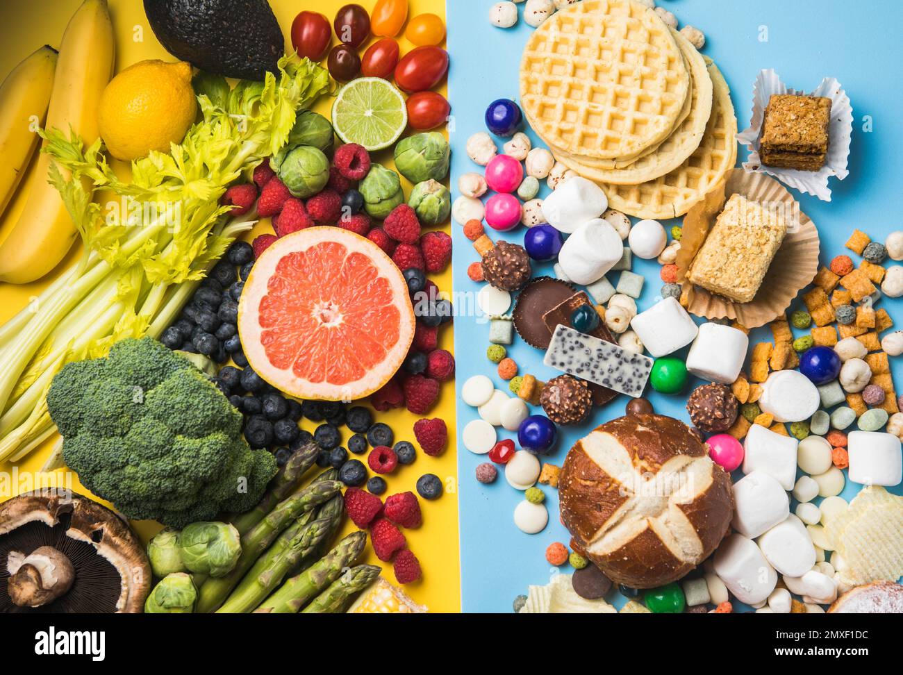 Healthy and unhealthy food background from fruits and vegetables vs ...