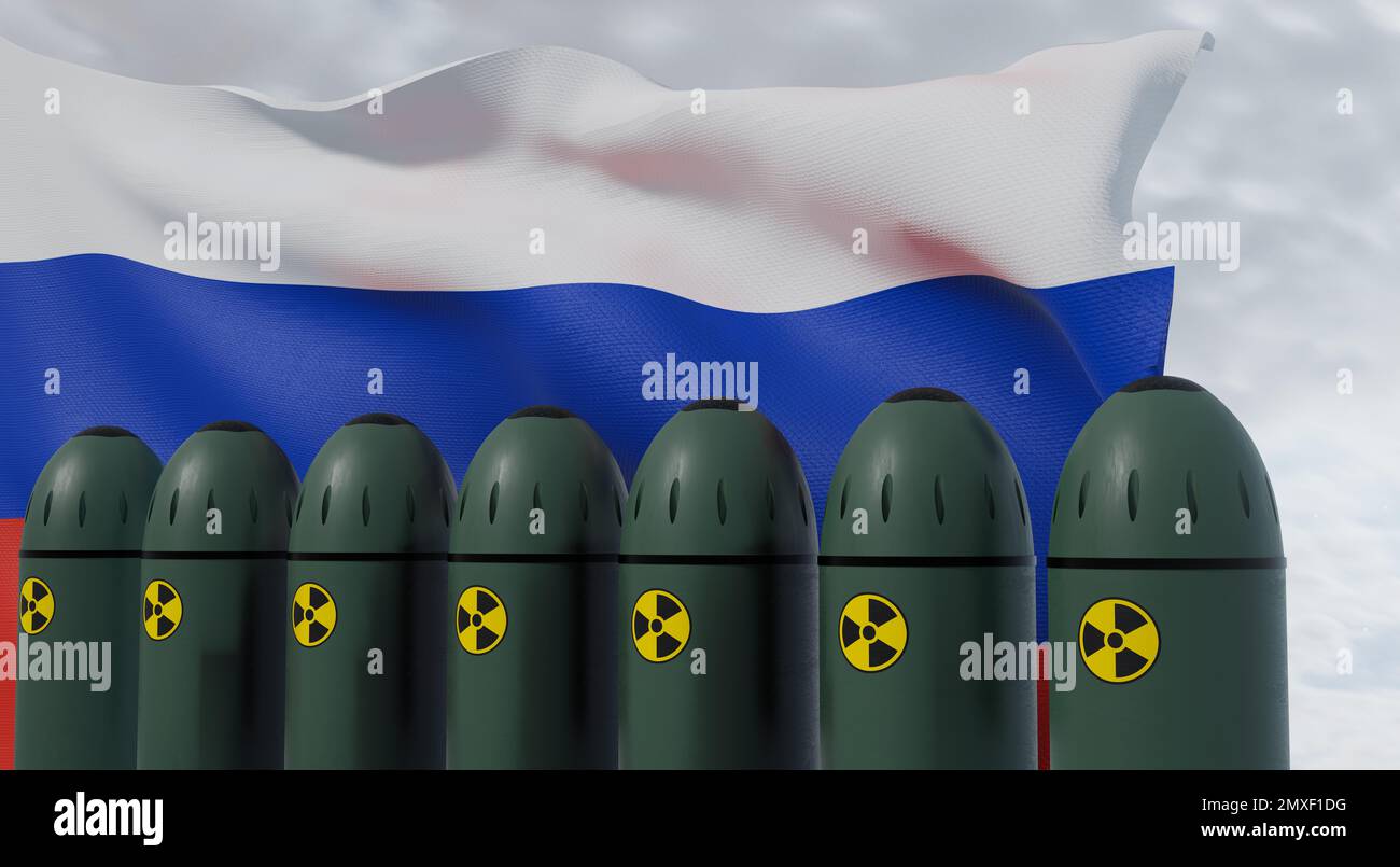 Nuclear missiles and Russia flag in background. Missiles with warheads ...
