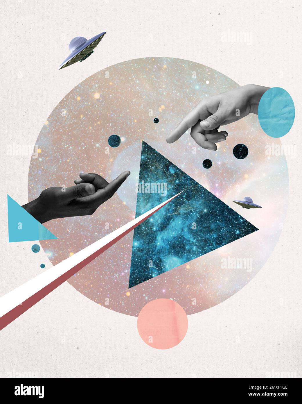 Contemporary art collage. Connection. Human hands reaching each other ...