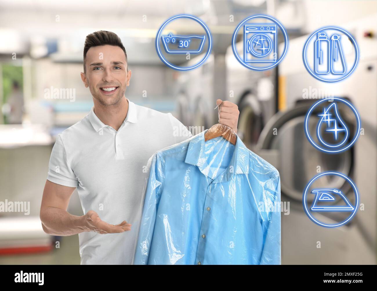 Different icons and man holding hanger with shirt in plastic bag at dry ...