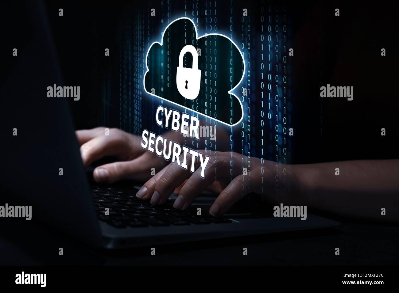 Cyber security concept. Hacker using laptop, closeup. Cloud with ...
