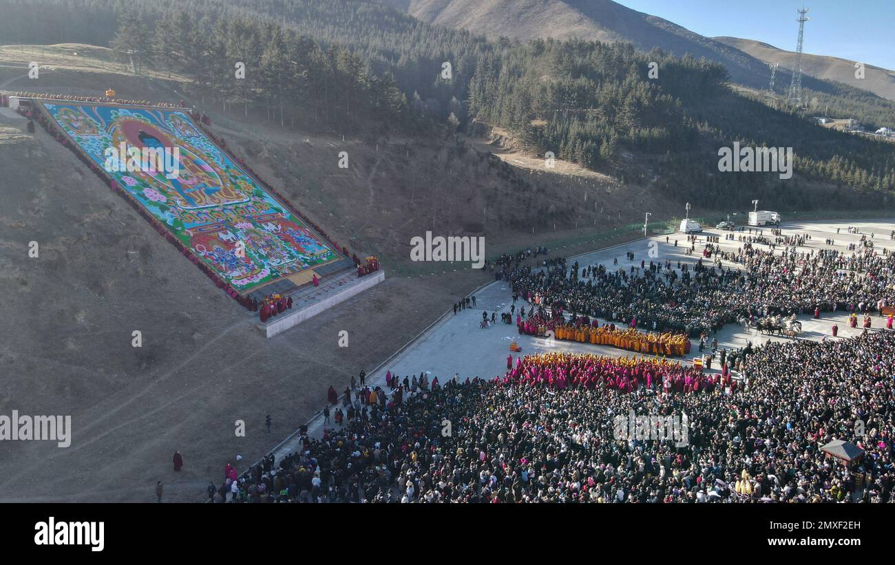 (230203) -- XIAHE, Feb. 3, 2023 (Xinhua) -- This aerial photo taken on ...