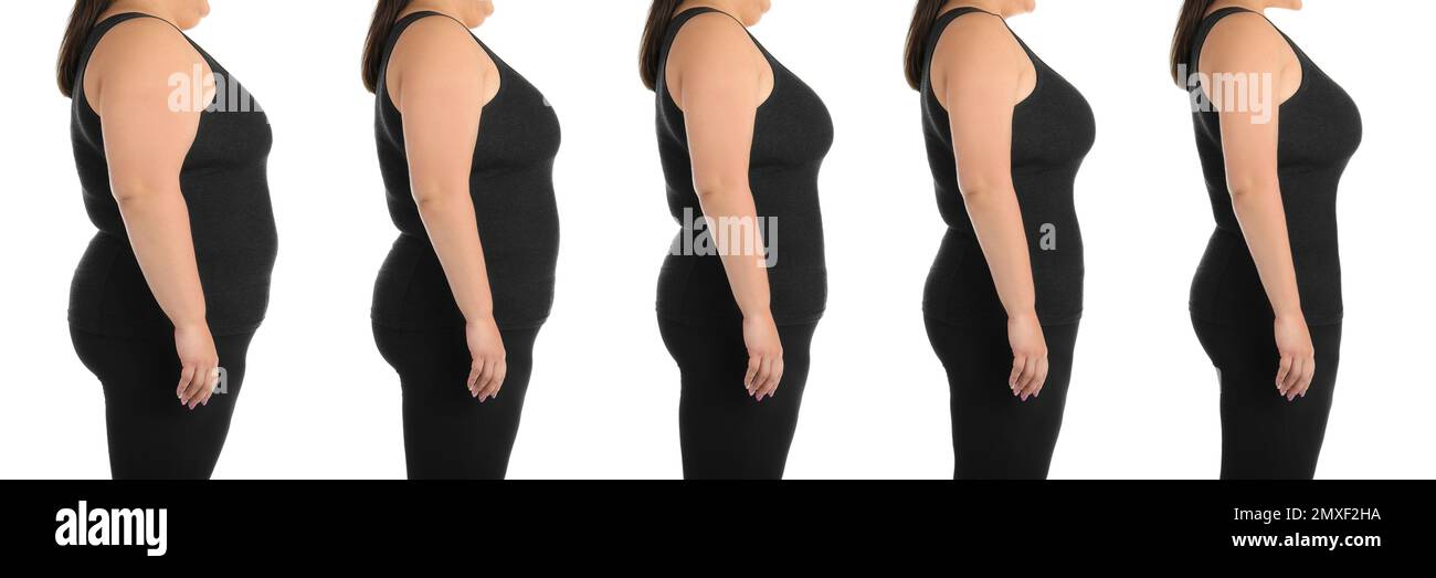 Collage with photos of overweight woman before and after weight loss on ...