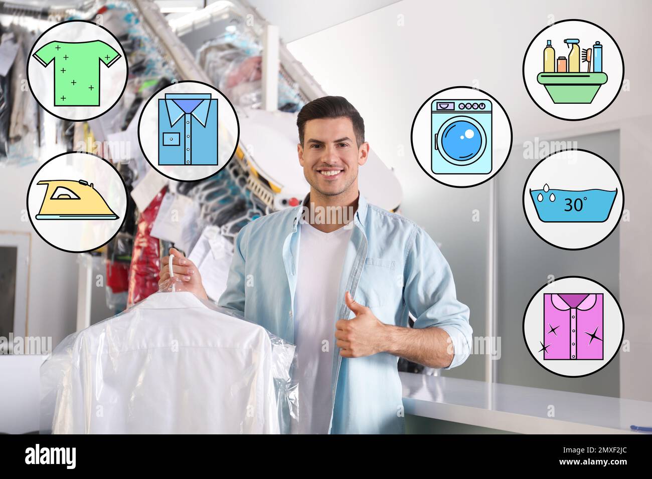 Different icons and happy client with shirt at modern dry-cleaner's ...