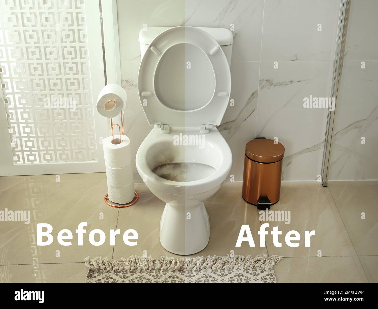 Toilet bowl before and after cleaning in bathroom Stock Photo - Alamy