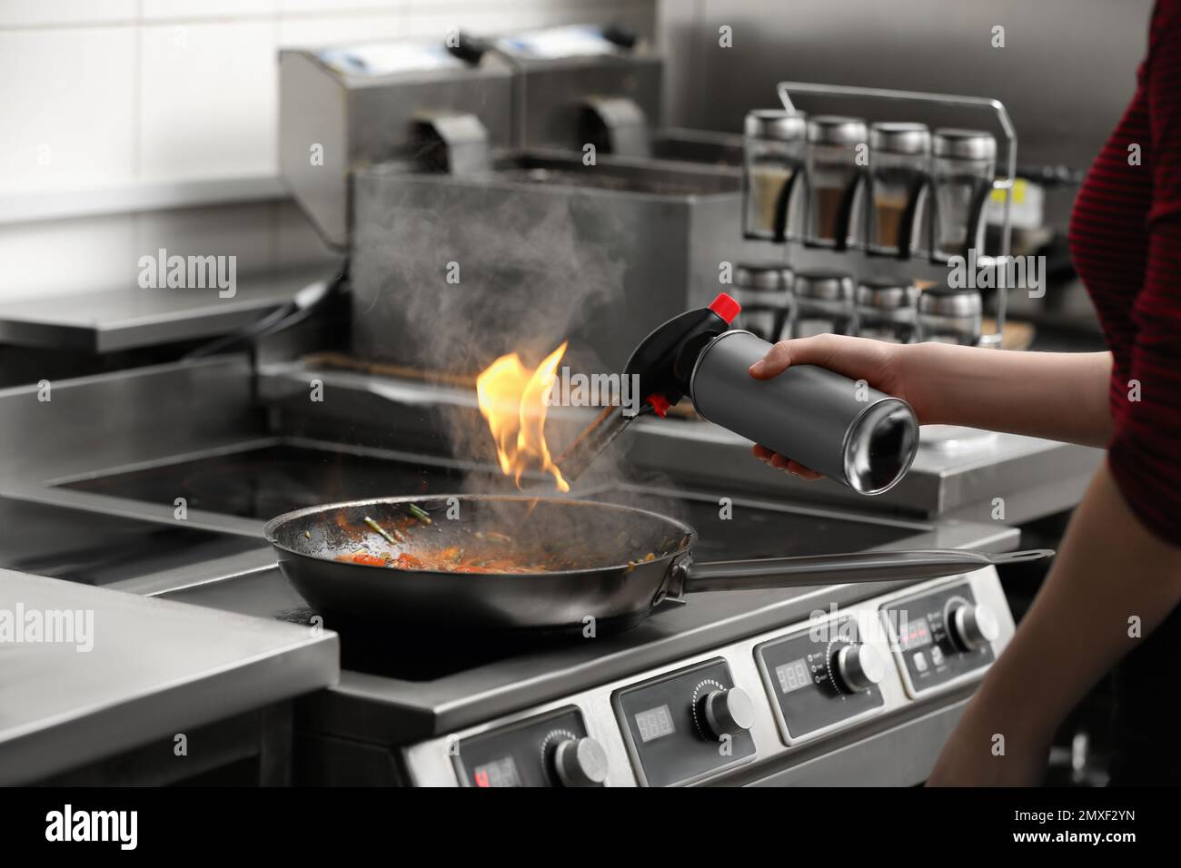 Female chef with manual gas burner cooking tasty food on stove in ...