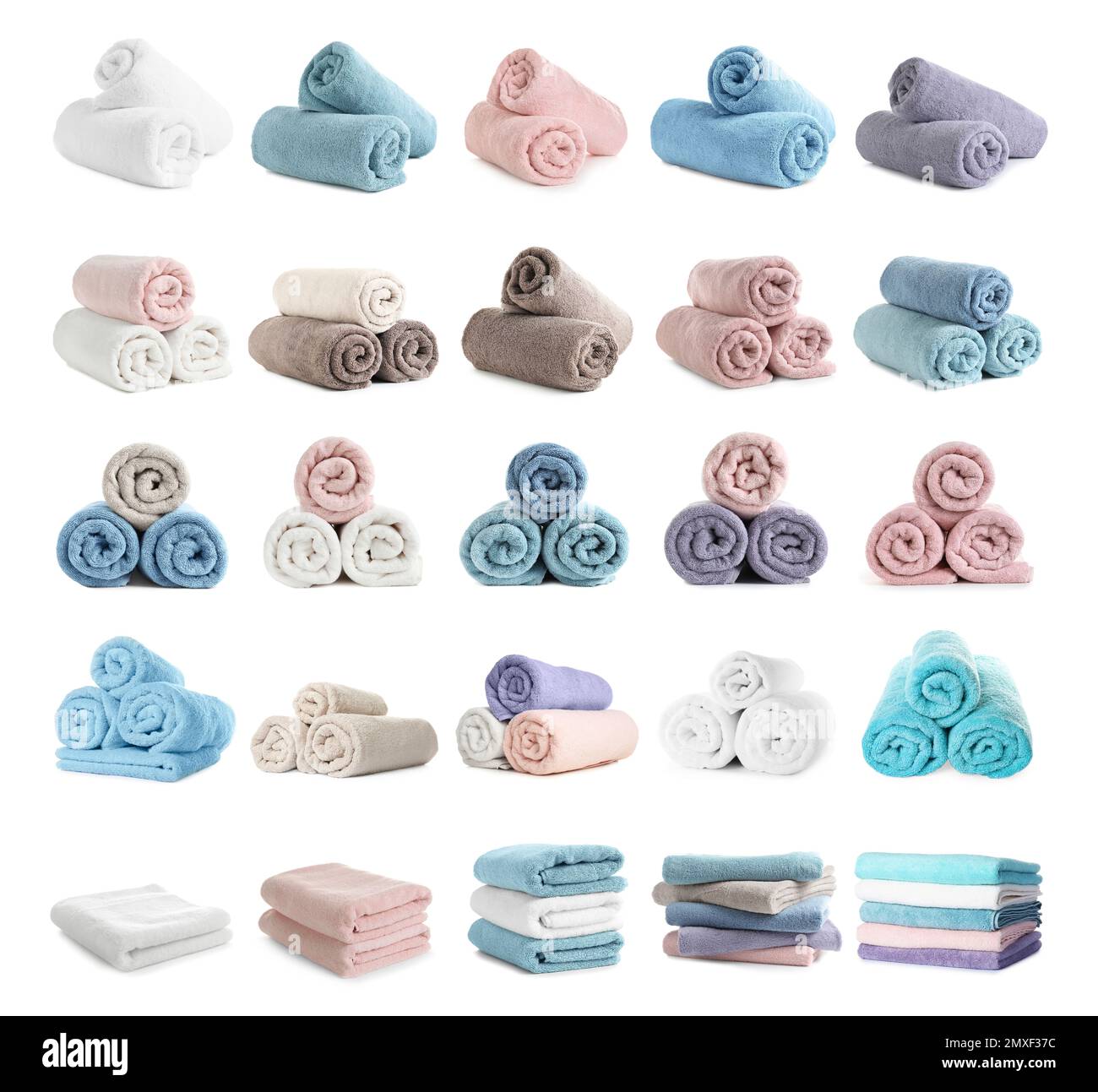 Set of clean soft terry towels on white background Stock Photo - Alamy