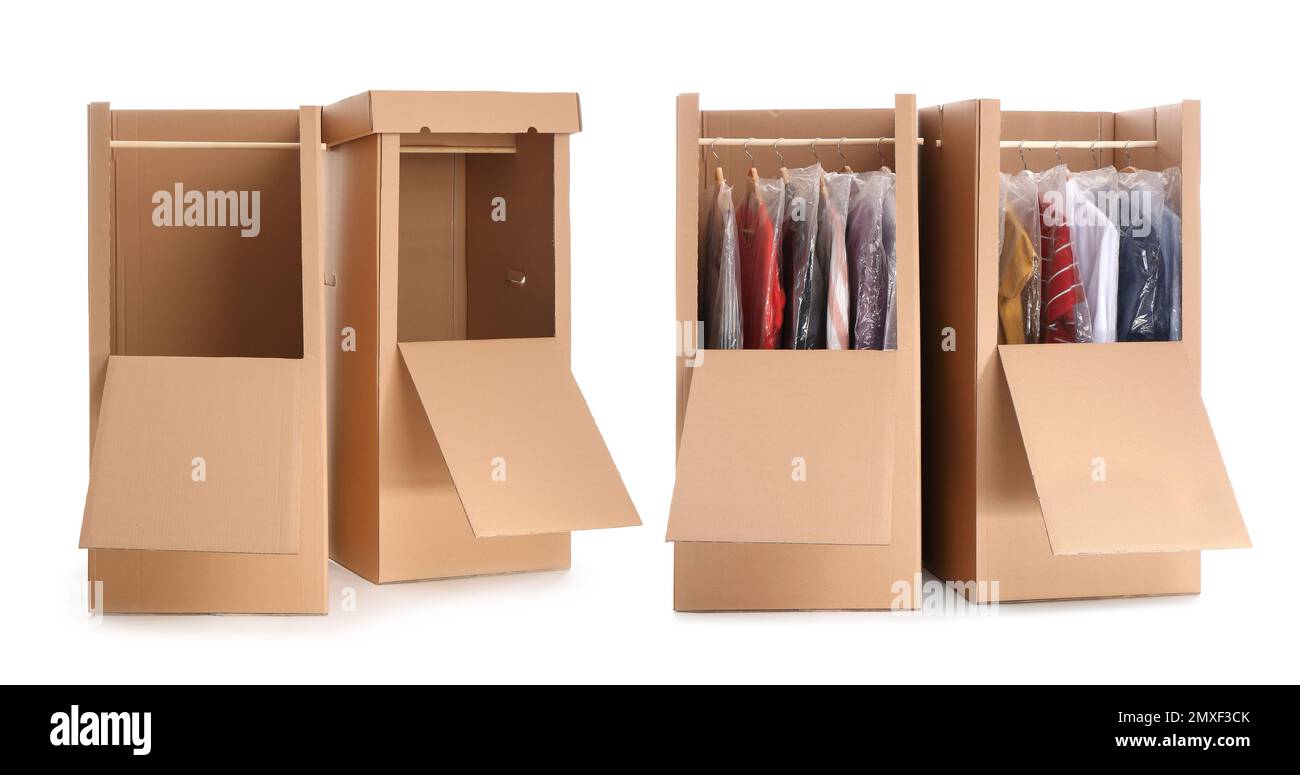 Set of cardboard wardrobe boxes on white background Stock Photo - Alamy