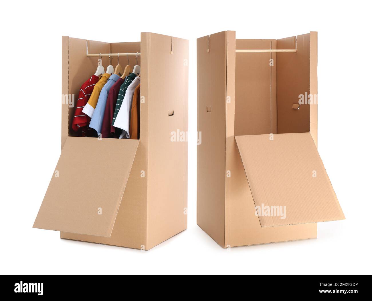 Cardboard wardrobe boxes with clothes on white background Stock Photo ...