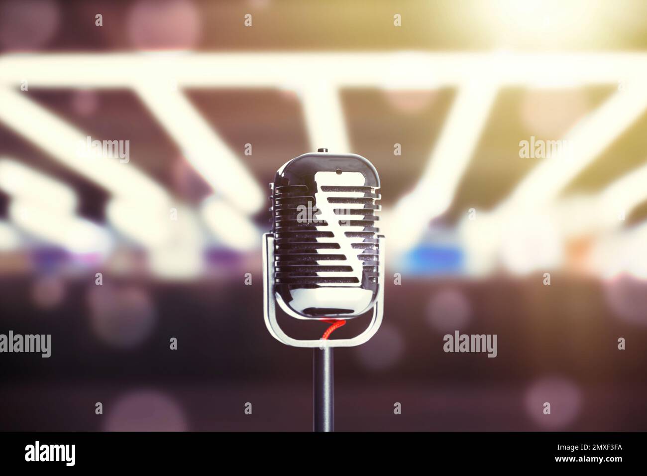 Vintage microphone in karaoke club, bokeh effect Stock Photo - Alamy