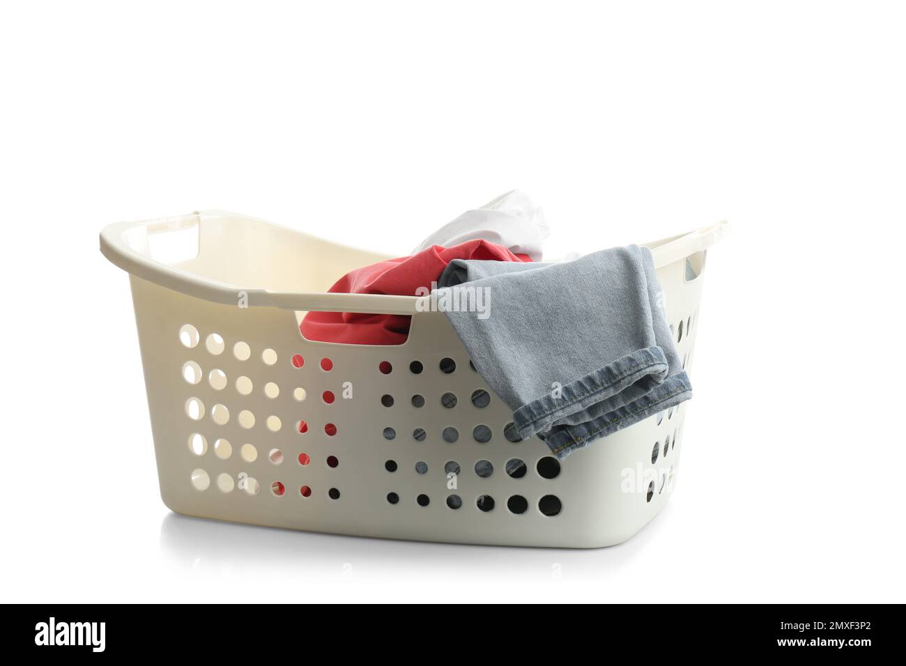 Laundry basket with clothes isolated on white Stock Photo - Alamy