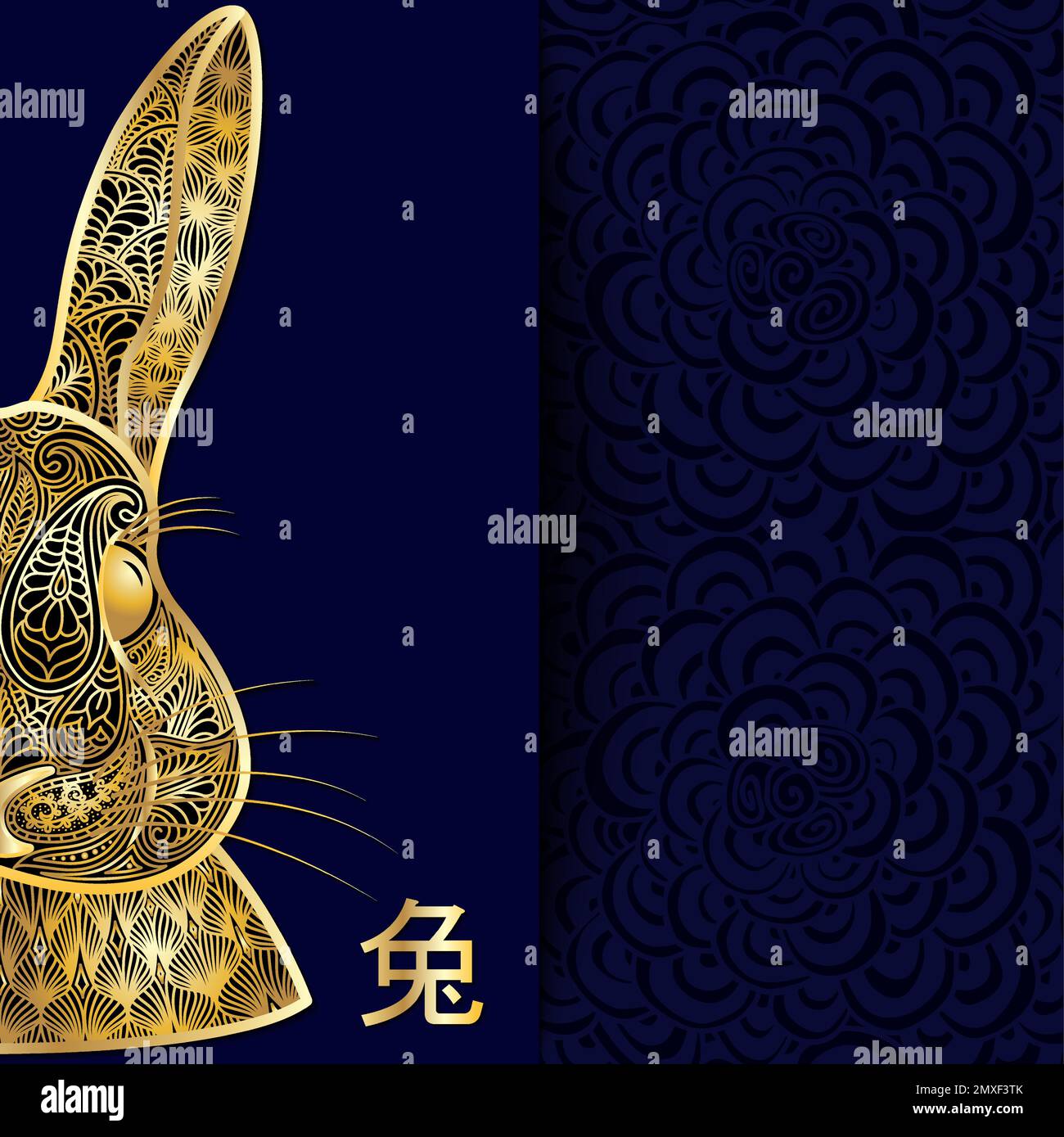 Rabbit chinese new year design background with half of golden patterned ...