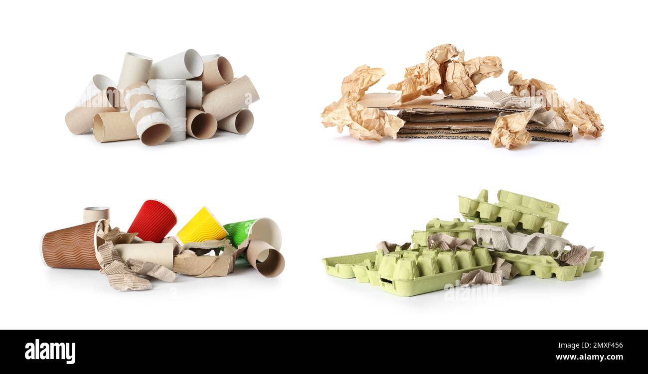 Set of piles with different garbage on white background. Waste ...