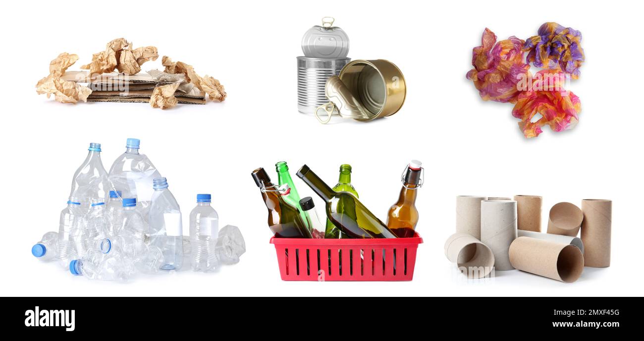 Set of piles with different garbage on white background. Waste ...