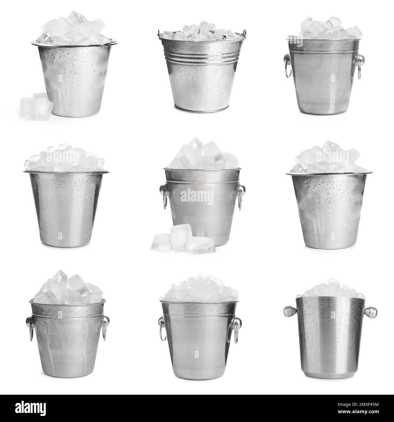 Set of different metal buckets with ice cubes on white background Stock ...