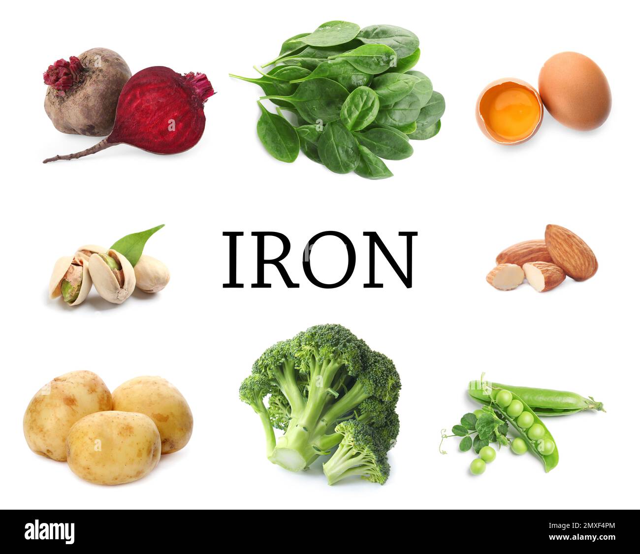 Set with fresh products rich in iron on white background Stock Photo ...