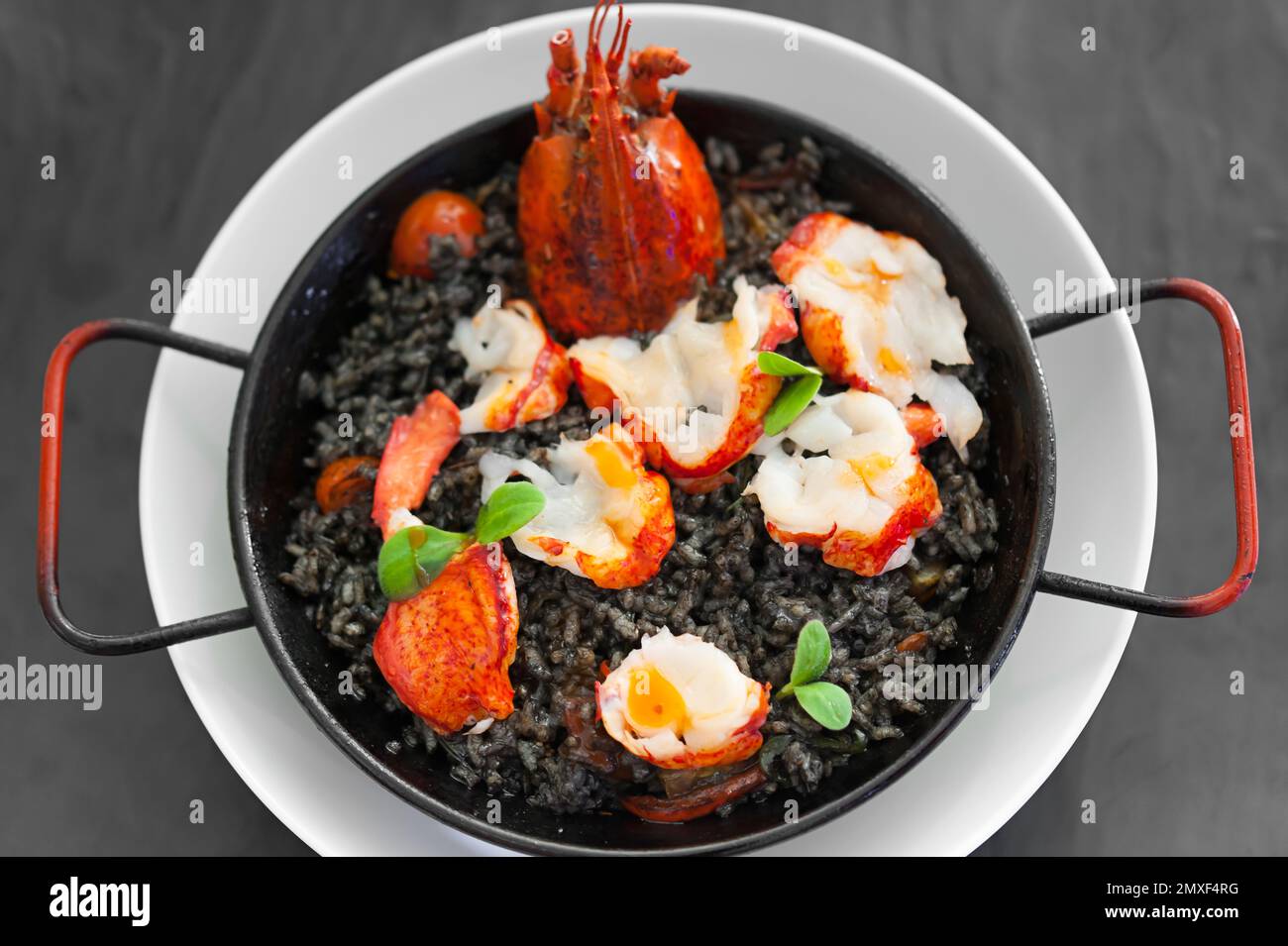 Solo paella with lobster slices, tomato chunks, squid ink sauce, herbs ...