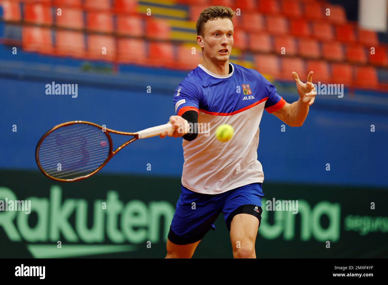 Tennis player Jiri Lehecka of Czech team in action during the training ...
