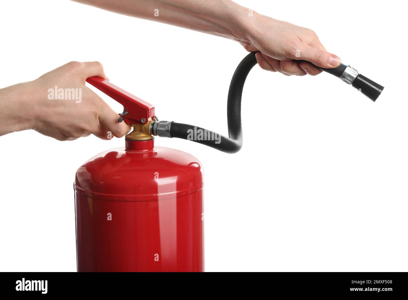 Woman using fire extinguisher on white background, closeup Stock Photo ...