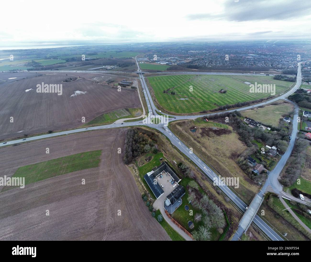 A bird's-eye view of the roundabout between fields in Denmark Stock ...