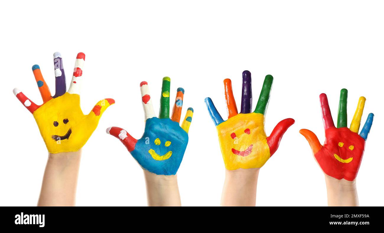 School holidays. Children with painted palms on white background ...