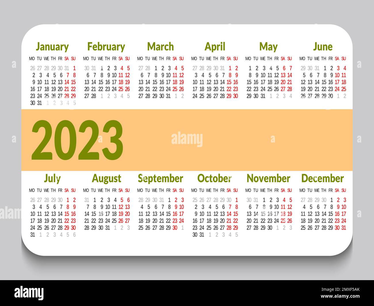Calendar grid pocket for 2023 in English. The week starts on Monday ...