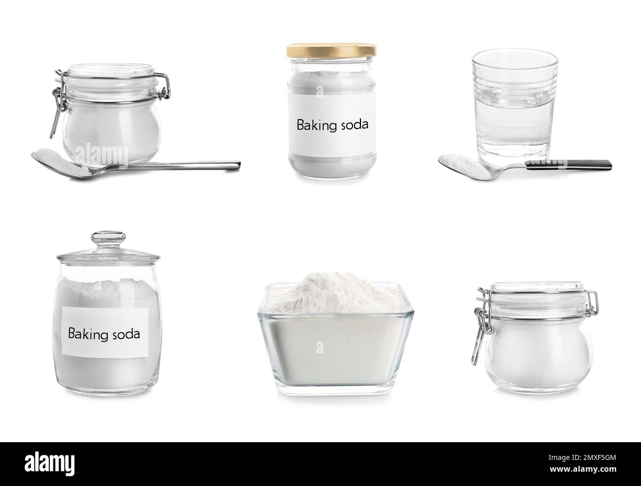 Set with different kitchenware and baking soda on white background ...