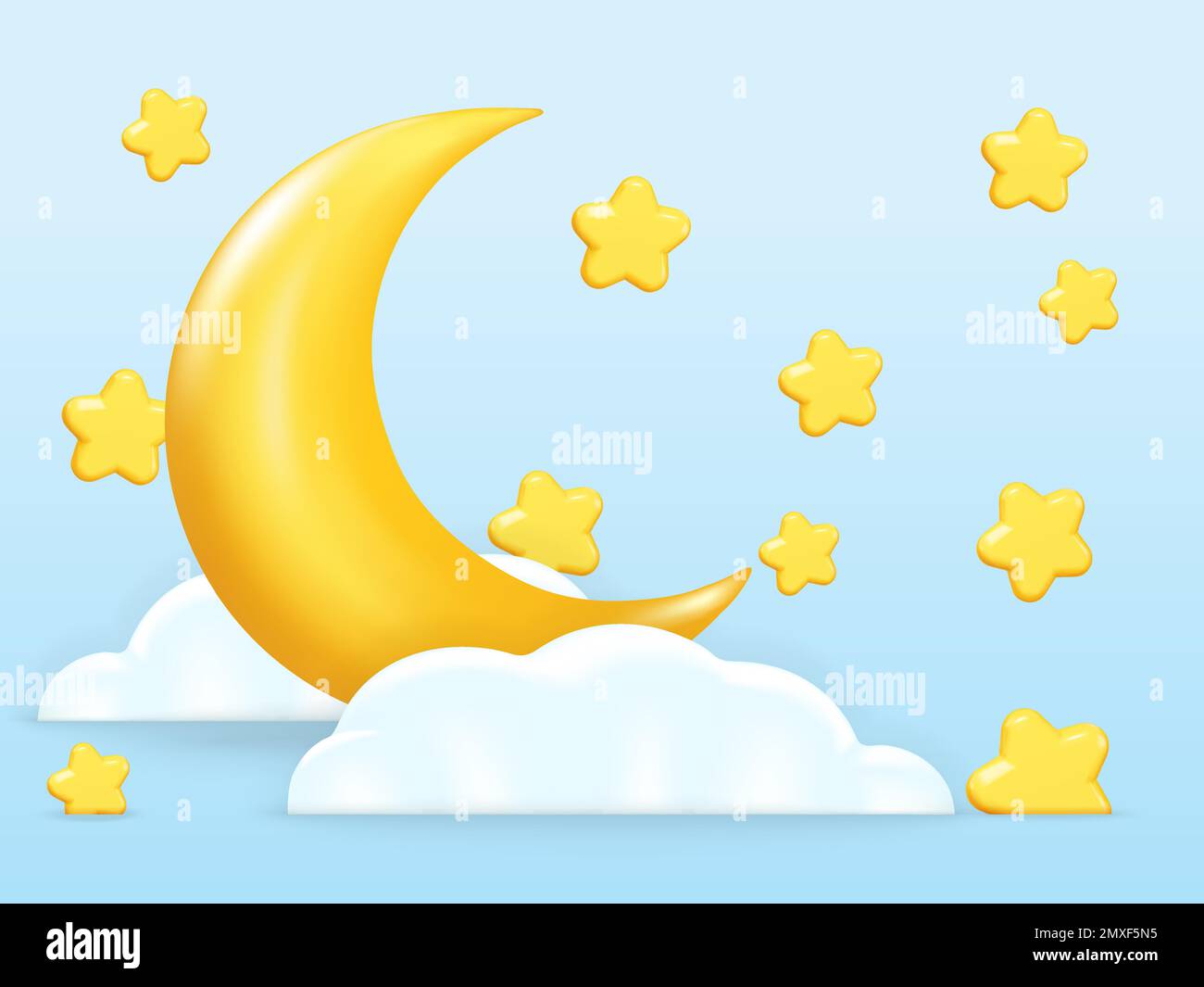 Crescent or moon with clouds and many asterisks. Glossy 3d crescent and ...