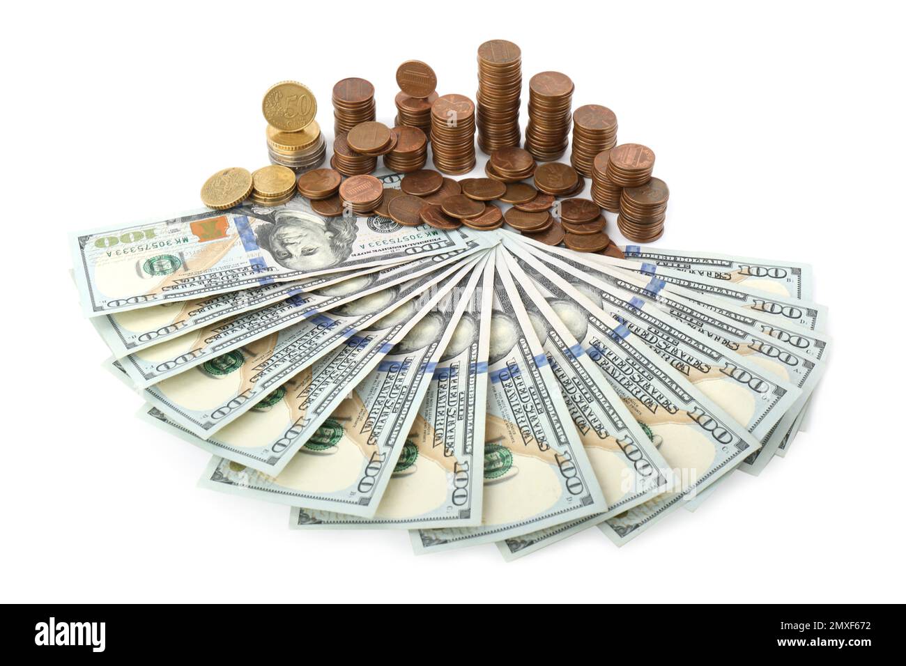 Dollar bills and coins isolated on white Stock Photo - Alamy