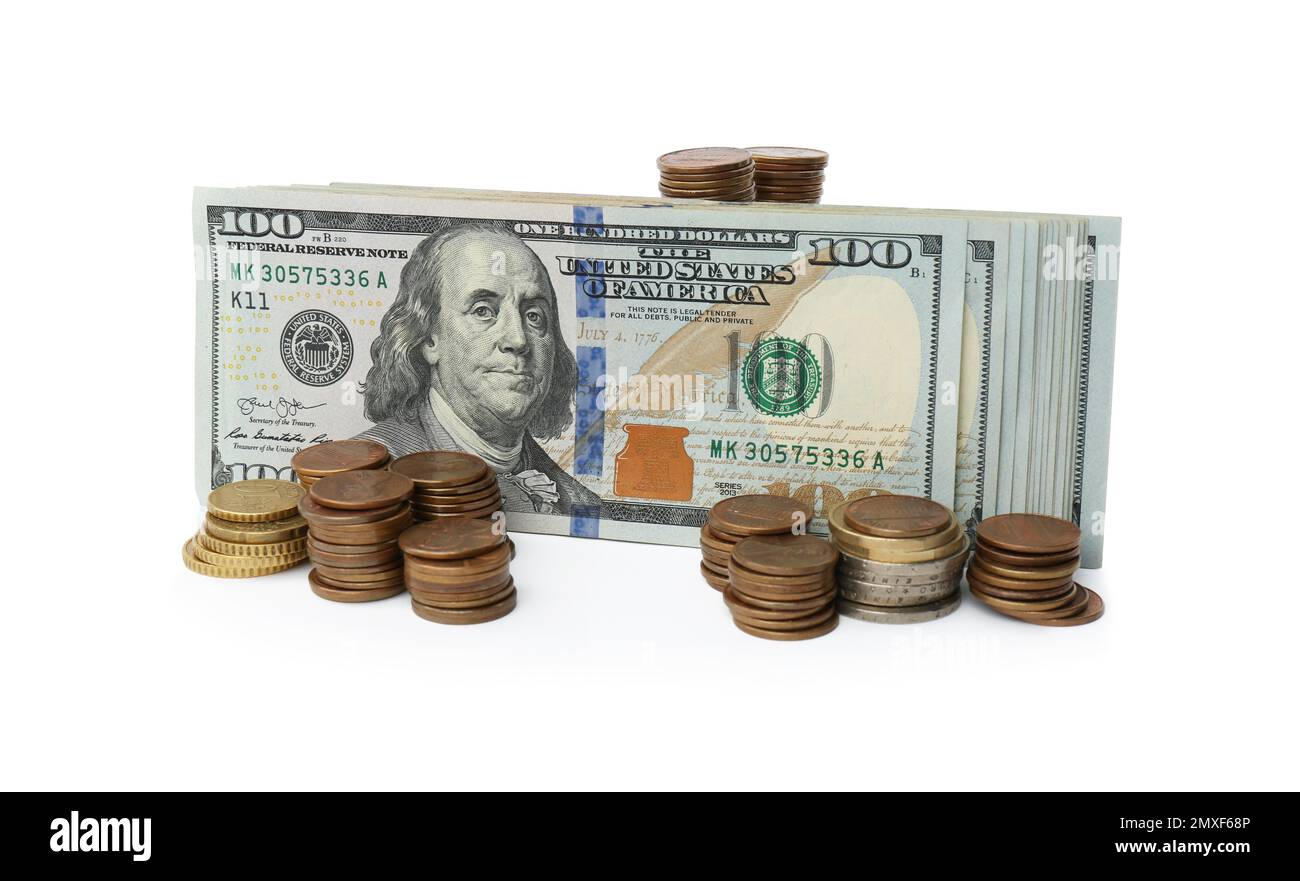 Dollar bills and coins isolated on white Stock Photo - Alamy