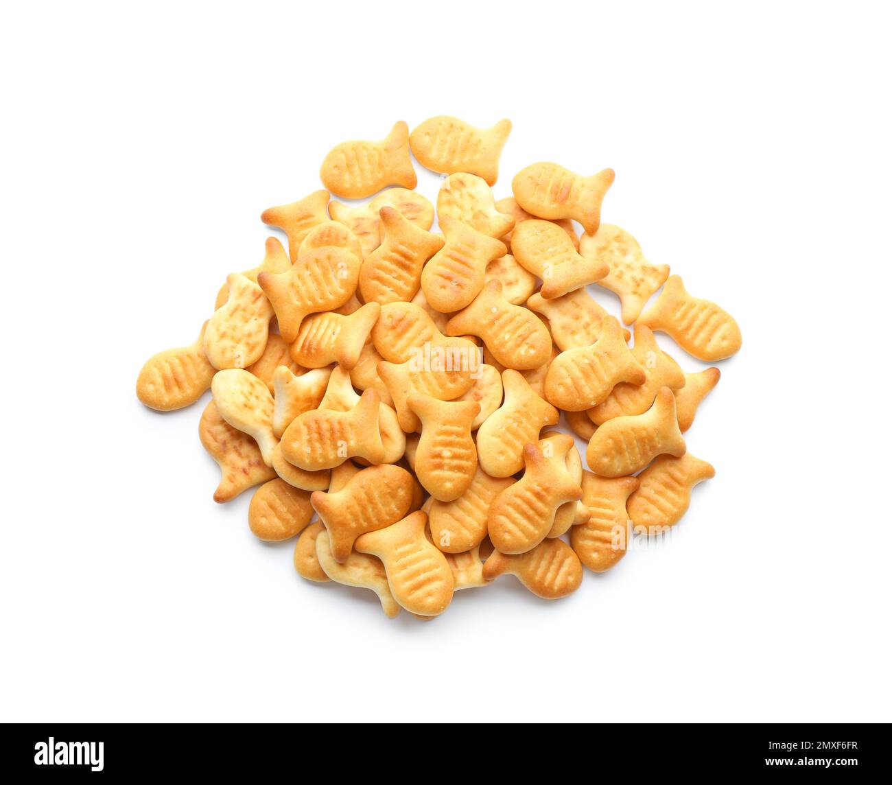 Delicious crispy goldfish crackers on white background, top view Stock ...
