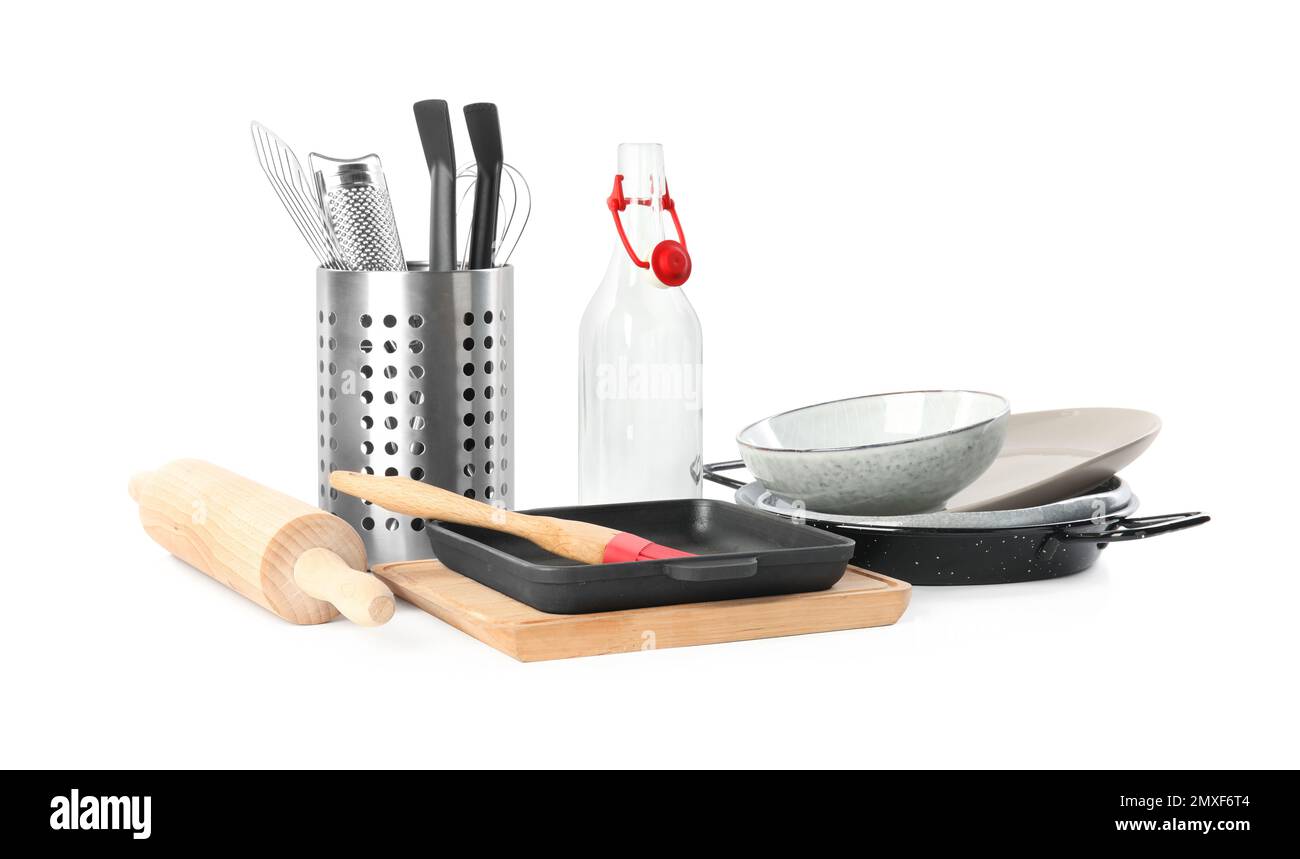 Set of different cooking utensils and dishes on white background Stock ...
